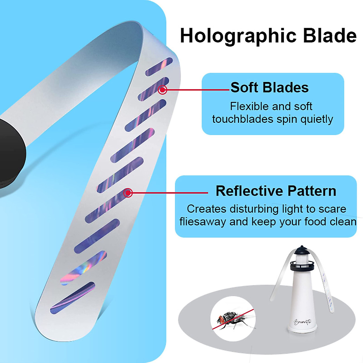 Brenrite, Fly Fans for Tables, 2 Pack Lighthouse Fly Fan, Fly Repellent, Keep Bugs Off Food, Holographic Fan, Fly Away, Table top Bug Repellent/deterant