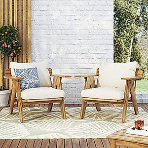 Christopher Knight Home Arcola Outdoor Acacia Wood Club Chairs with Cushions (Set 2), Teak Finish, Beige
