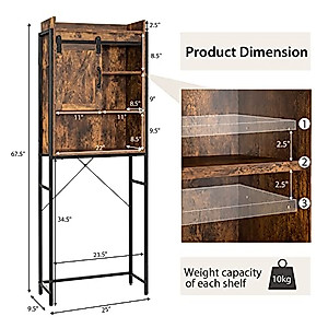 Tangkula Over-The-Toilet Storage Cabinet, Freestanding 4-Tier Bathroom Organizer Rack w/Adjustable Shelf & Sliding Barn Door, Multifunctional Bathroom Space Saver, 25 x 9.5 x 67.5 in (Rustic Brown)