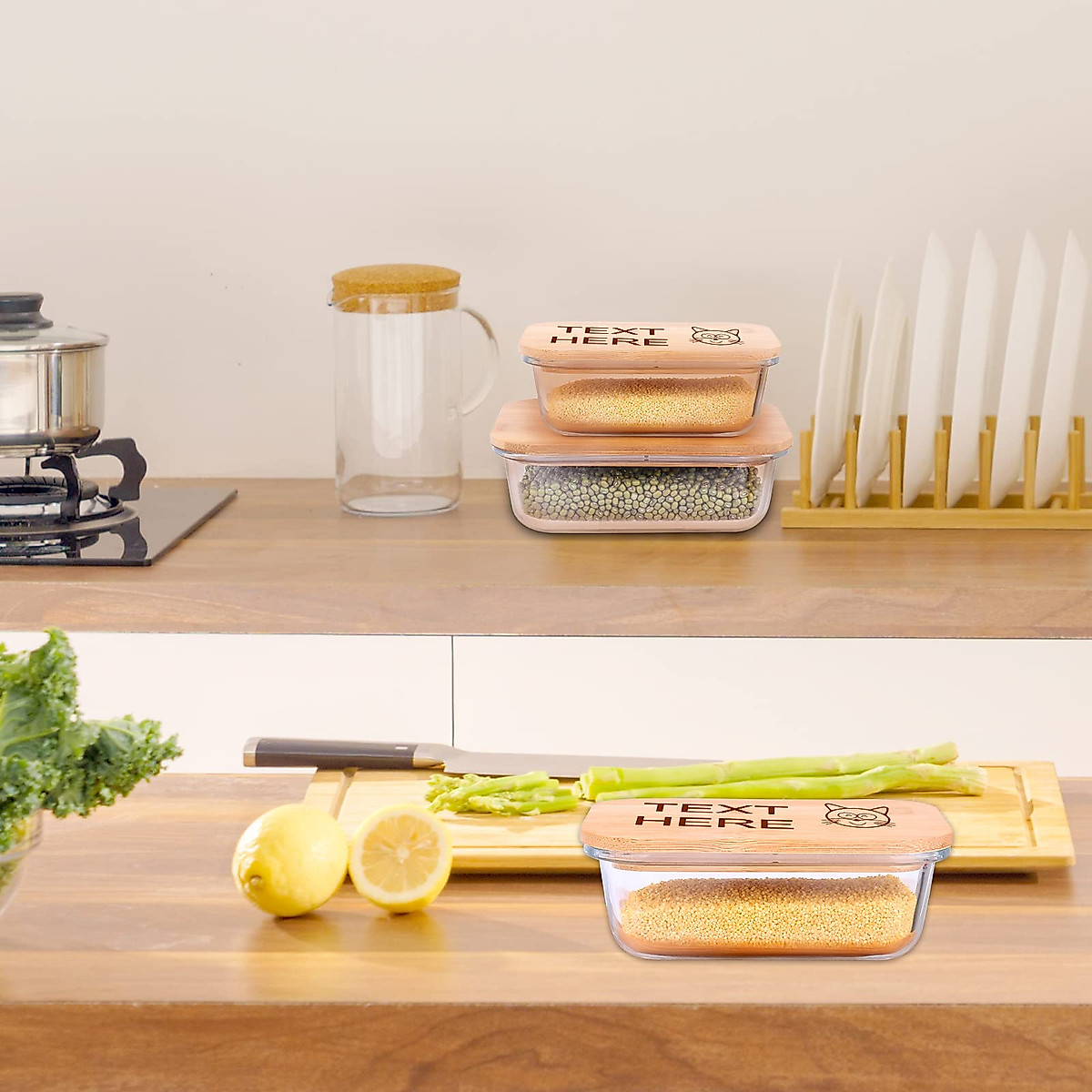 NGTSFLY Glass Food Storage Containers with Bamboo Lids, Custom Engraved Lids - Airtight, Glass Meal Prep Containers (12.5 oz / 370 ml)