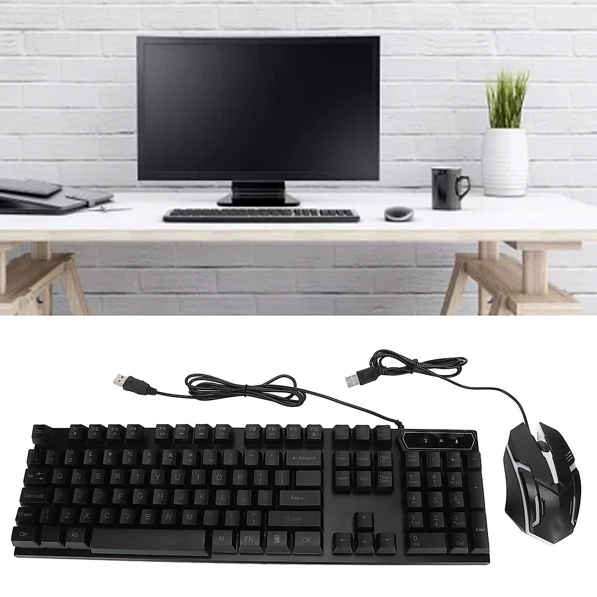 Keyboard and Mouse Combo, 104 Keys Wired USB Mouse and Keyboard Set, Waterproof Ergonomic Keyboard LED Backlit, Keyboard Mouse Set for Gaming (D280 Suit Word Through Black)