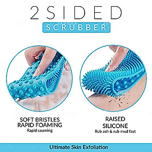 Exfoliating Back Scrubber, Silicone Body & Back Scrubbing Brush for Acne Sweat Blackheads, Double Sided Cleaning Shower Strap, Silicone Scrubber Belt for Bath & Shower, Extra Long Length 30” (Blue)