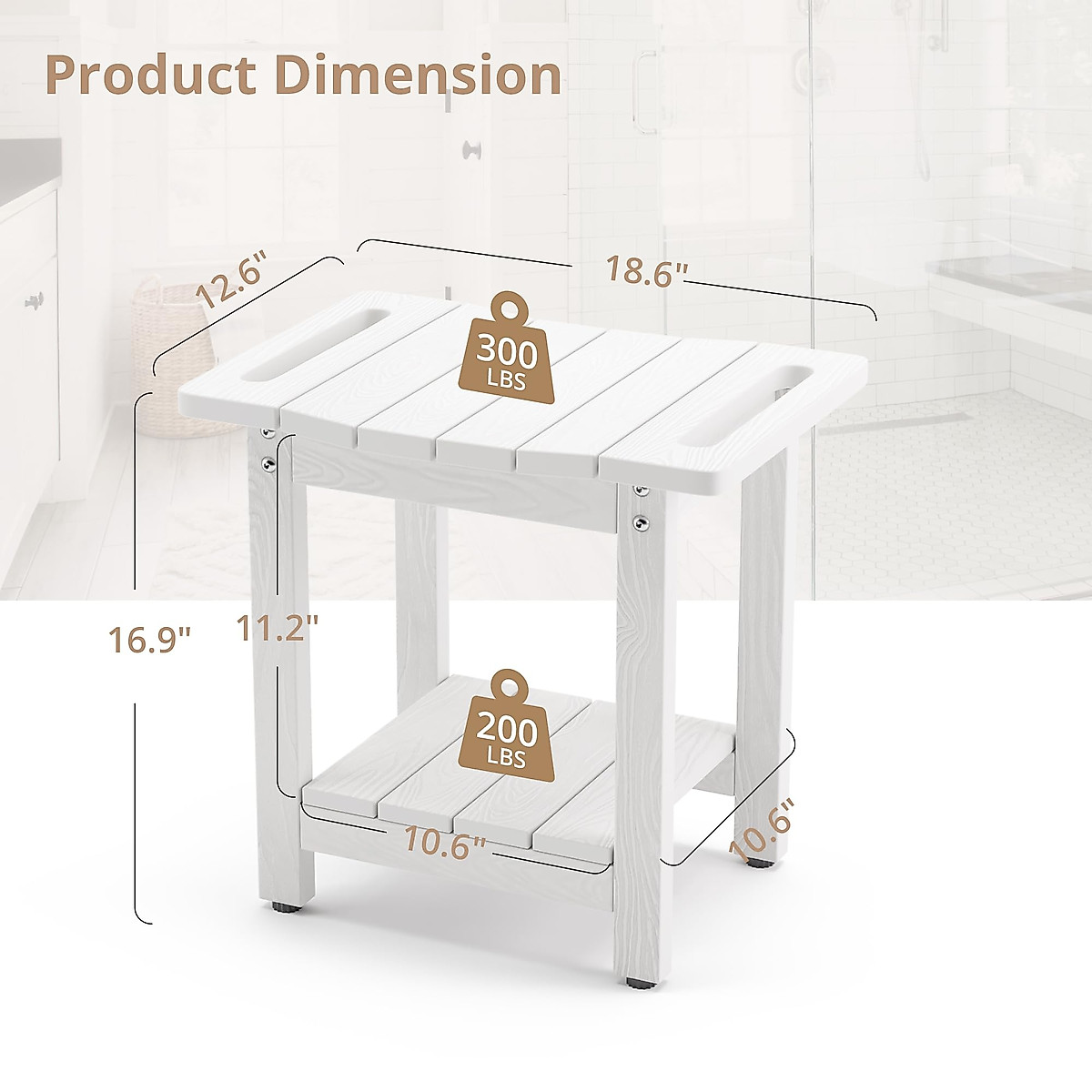 LUE BONA Shower Bench Seat, White HDPS Shower Benches for Inside Shower, Waterproof Shower Stool for Shaving Legs Foot Stool for Spa Bathroom, Weather Resistant/Non-Slip/Handles/Indoor or Outdoor Use