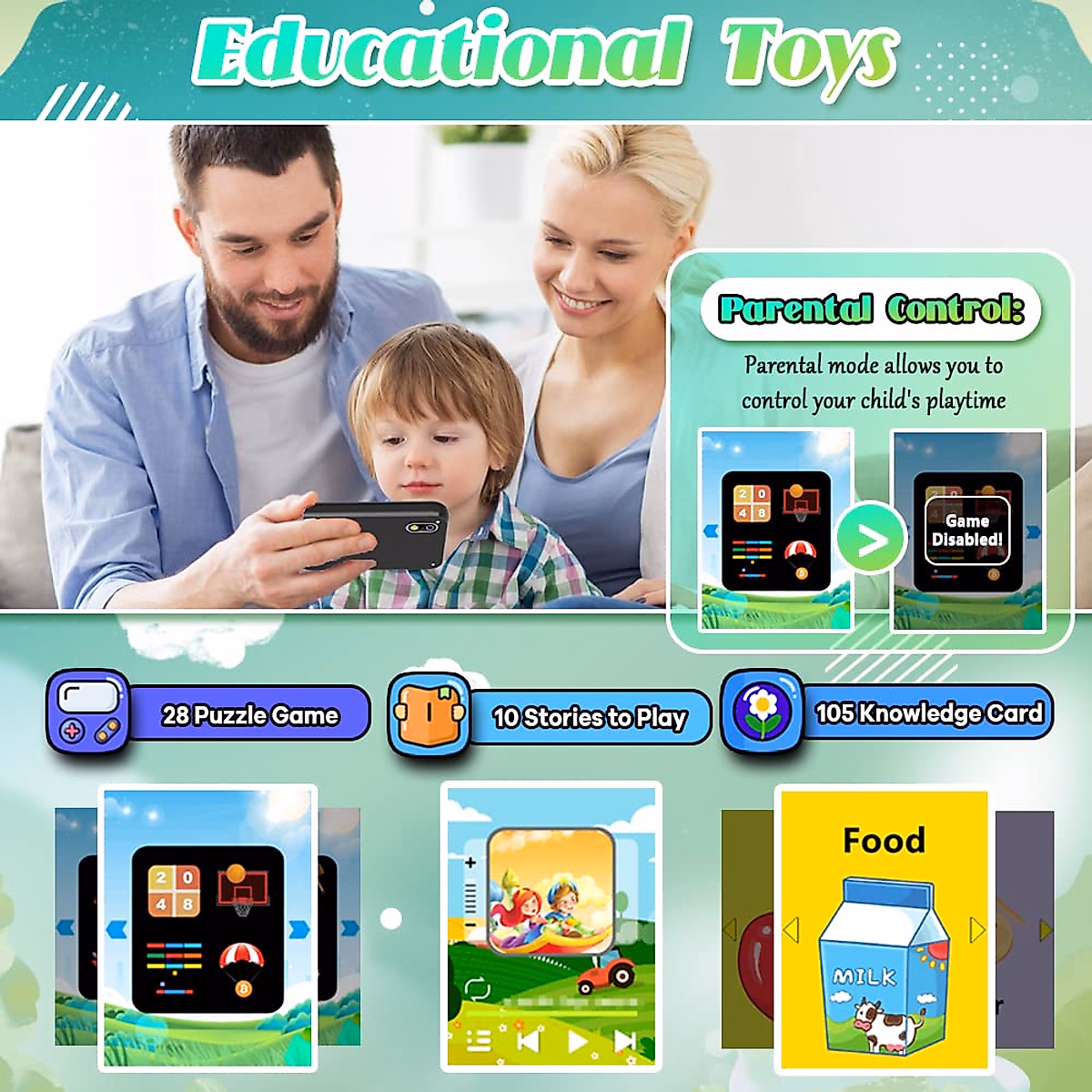 Kids Smart Phone Toys for Girls Boys Age 3-8 with HD Touchscreen Dual Camera 28 Games Habit Tracker Audible Story Audible Story Portable Learning Toy for Kids with 8G SD Card Birthday Gifts (Black)