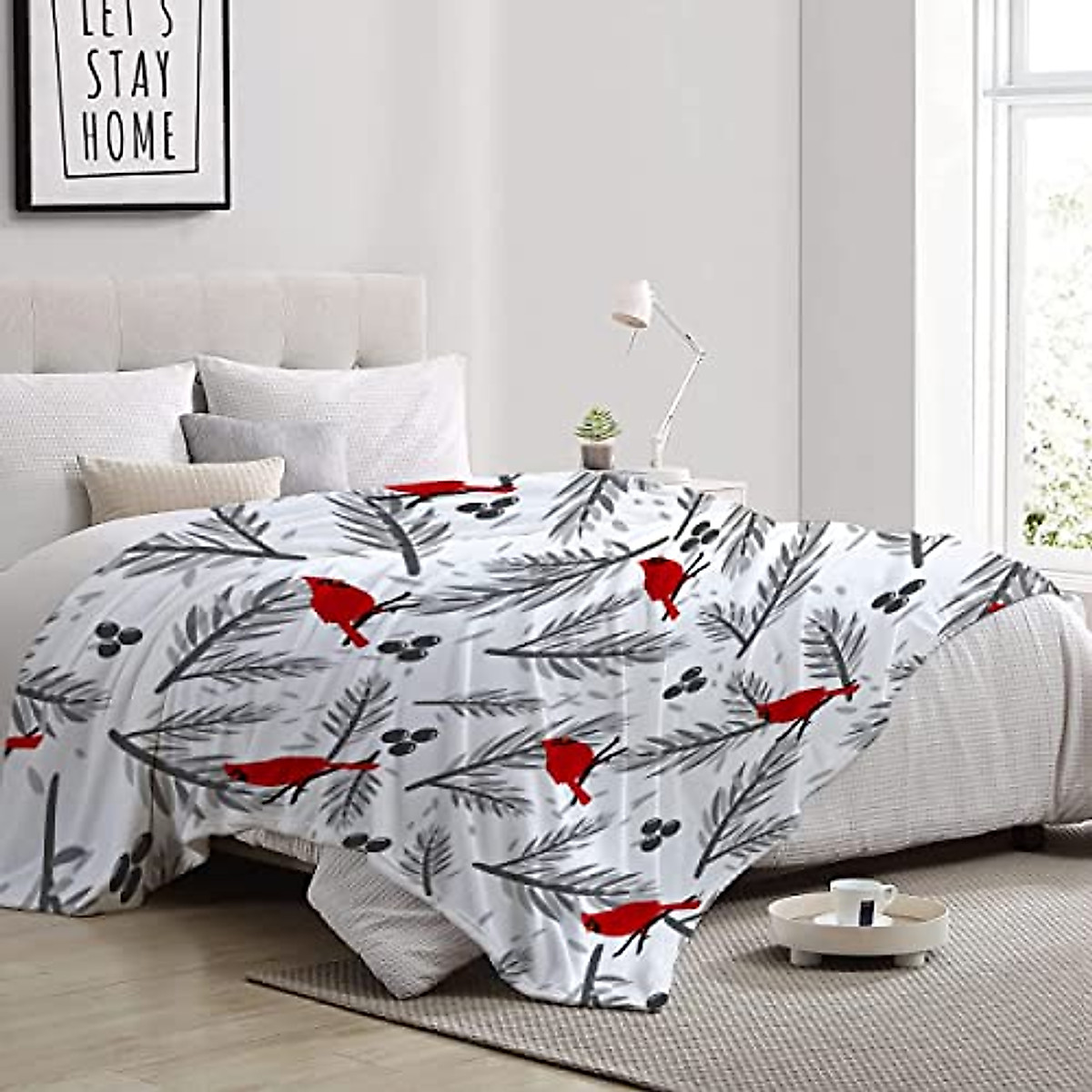 Daiitokuo Cardinal Birds Leaf Merry Christmas Luxury Fleece Microfiber Lightweight Plush Ultra-Soft Throw Blanket Fuzzy Blankets for Bed Couch Sofa 50"x40" for Kid