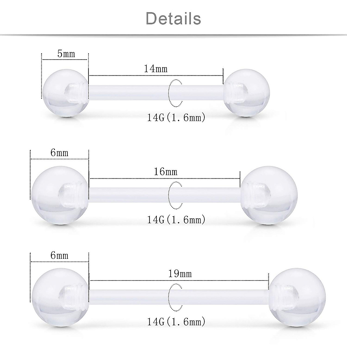 SCERRING 30PCS 14G Clear Acrylic Bioflex Nipple Tongue Bar Barbell Rings Piercing Retainer Piercing Body Jewelry 9/16Inch 5/8Inch 3/4Inch