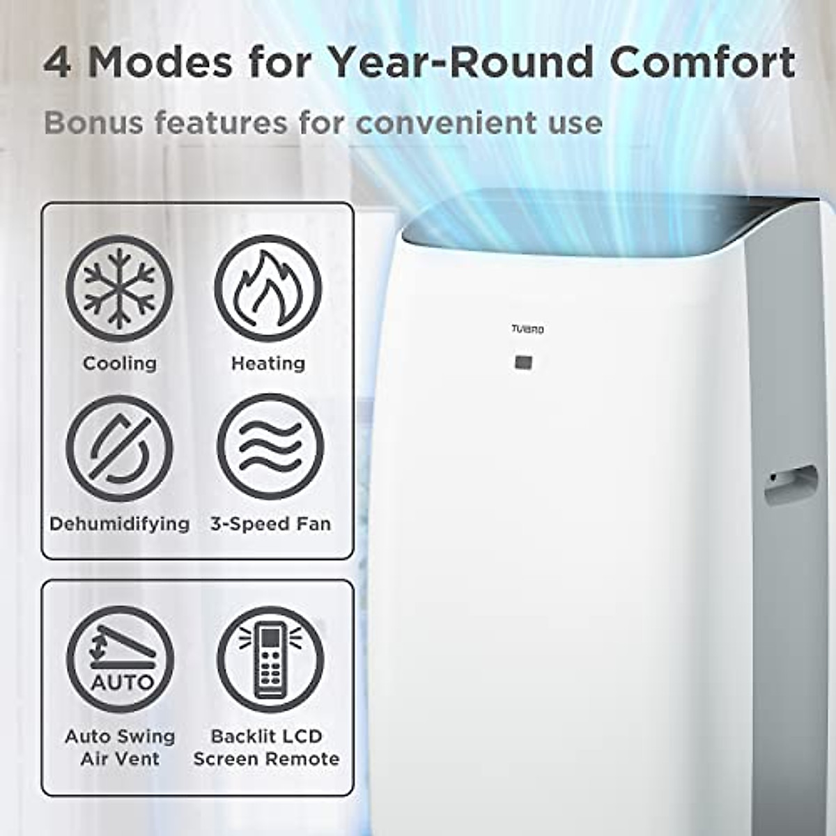 TURBRO Greenland 14,000 BTU Portable Air Conditioner and Heater, Dehumidifier and Fan, 4-in-1 Floor AC Unit for Rooms up to 600 Sq Ft, UV-C Light, Sleep Mode, Timer, Remote Included (10,000 BTU SACC)