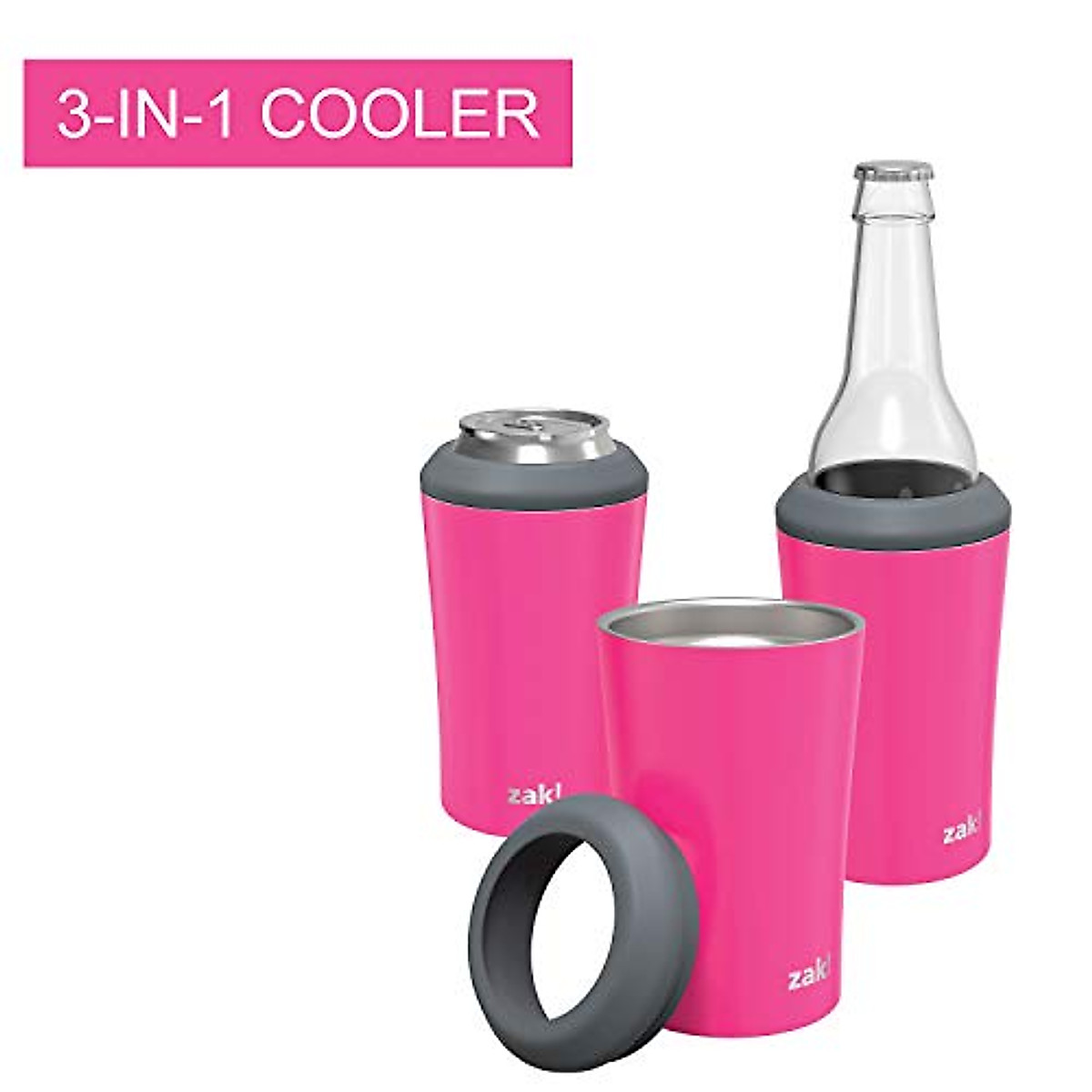 Zak Designs Durable 18/8 Stainless Steel with Vacuum Insulated Can and Bottle Cooler, Great for Cold Drinks Stay Cold in Pool and Party (12oz, Raspberry, BPA Free)