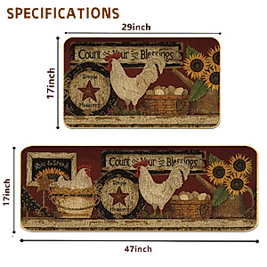 DXSHCG Farmhouse Decorative Kitchen Rugs and Mats Set of 2, Farm Rooster Non-Slip Kitchen Mats,Seasonal Holiday Party Sets Washable Low-Profile Floor Mats - 17x29 and 17x47 Inch