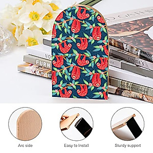 Cute Sloths on The Branches of Trees Wood Book Ends for Shelves Non-Skid Bookend Book Stand Book Holder Stopper for Home Office School