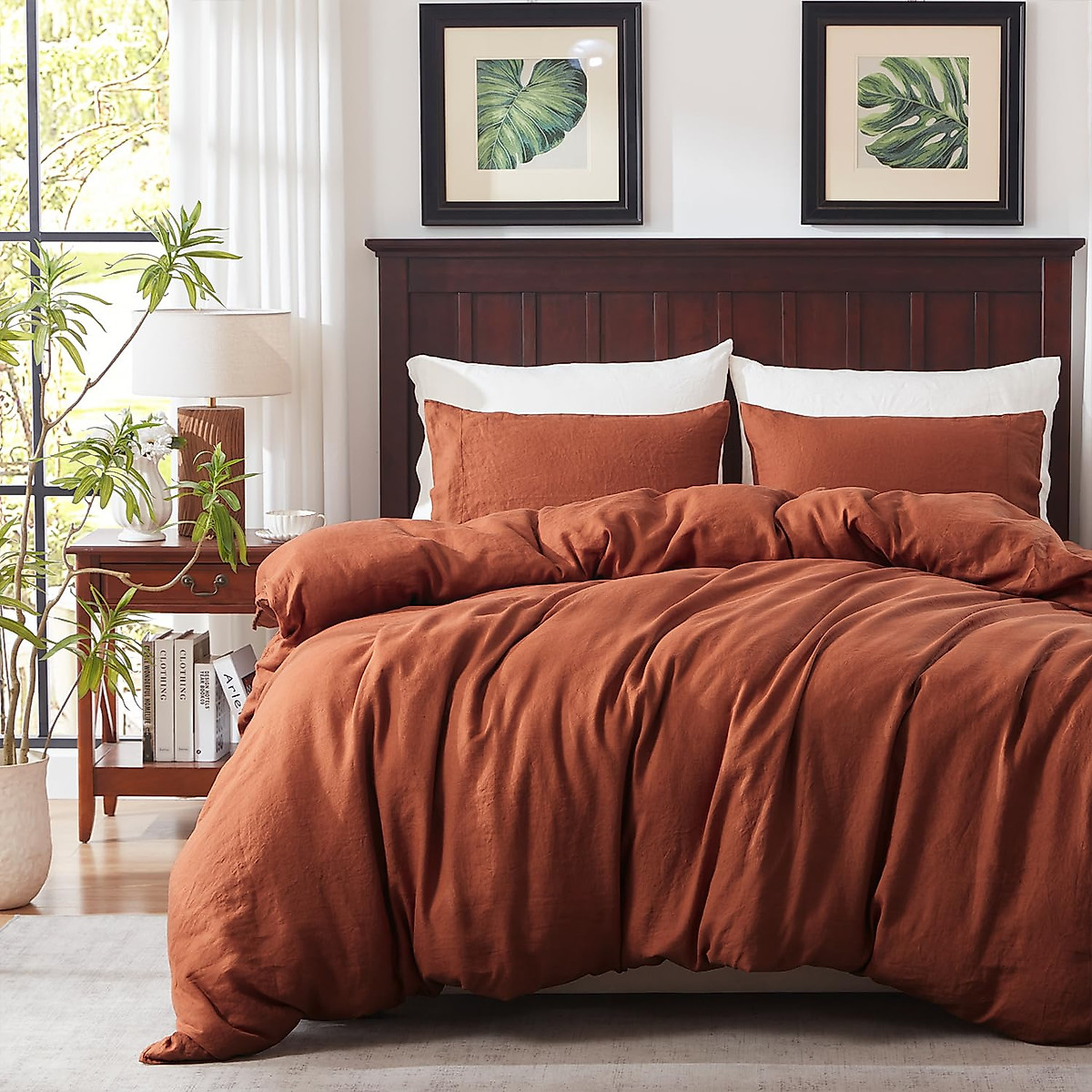 TOSMO Linen Duvet Cover Set, 100% French Flax Natural Linen Bedding 3pcs Set, Soft Breathable for Hot Sleepers 1 Duvet Cover and 2 Pillowcases (Terracotta, Queen)