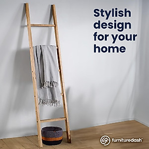 Furniture Dash Wall Leaning Wooden Blanket Ladder Corona, 5 Steps Farmhouse Style Blanket Ladder, Wooden Rack Rail Blanket, Ideal for Towel- Clothes- Linen Railing Hanger for Bathroom- Brown