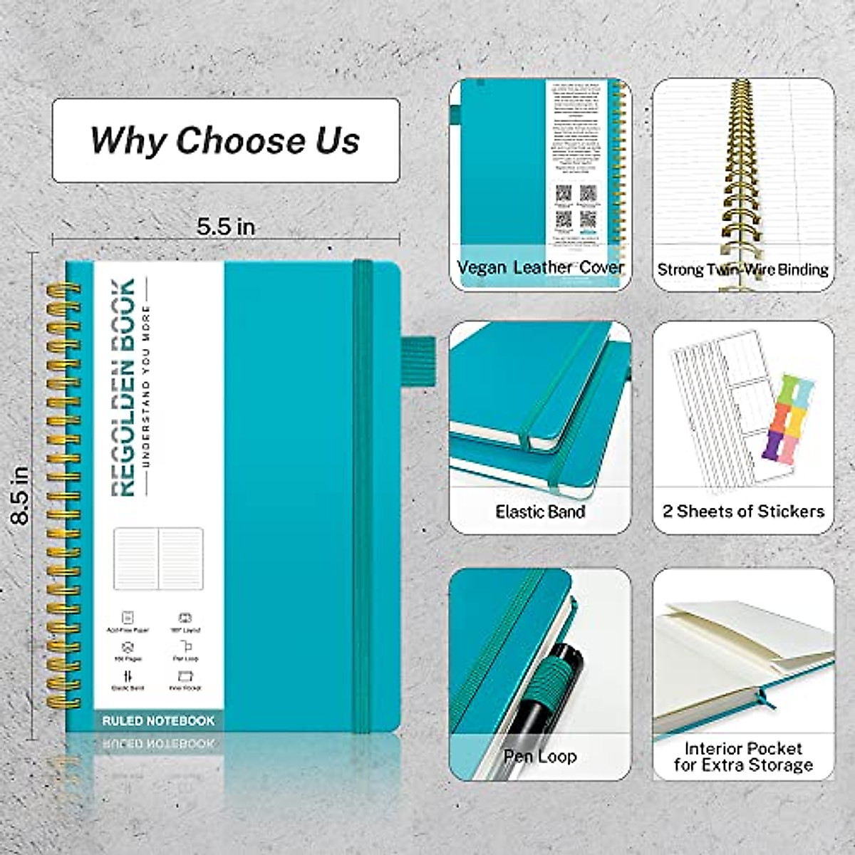 Regolden-Book Spiral Ruled Notebook, Ruled Lined Hardcover Journal for Note Taking, 100Gsm Thick Paper with Pocket for Men & Women School/College/Work/Office, 160 Pages, 5.5x8.5, (Teal)