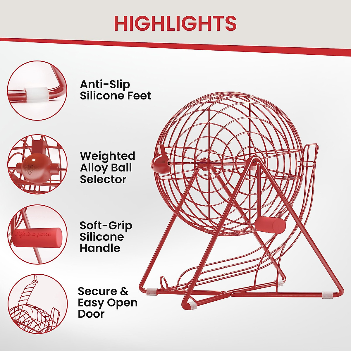 MR CHIPS 11" Tall Bingo Set with Steel Cage Professional Game Everlasting 7/8” Balls, 18 Cards and 300 Chips - Lucky Red Color