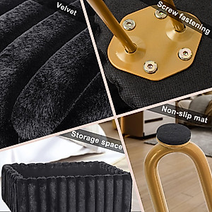 AKOZLIN Velvet Storage Ottoman Seat Modern Soft Vanity Stool Chair with 4 Gold Metal Legs for Makeup,Drawing,Living Room-Black 16.5" W x 13.4" D x 19.3" H