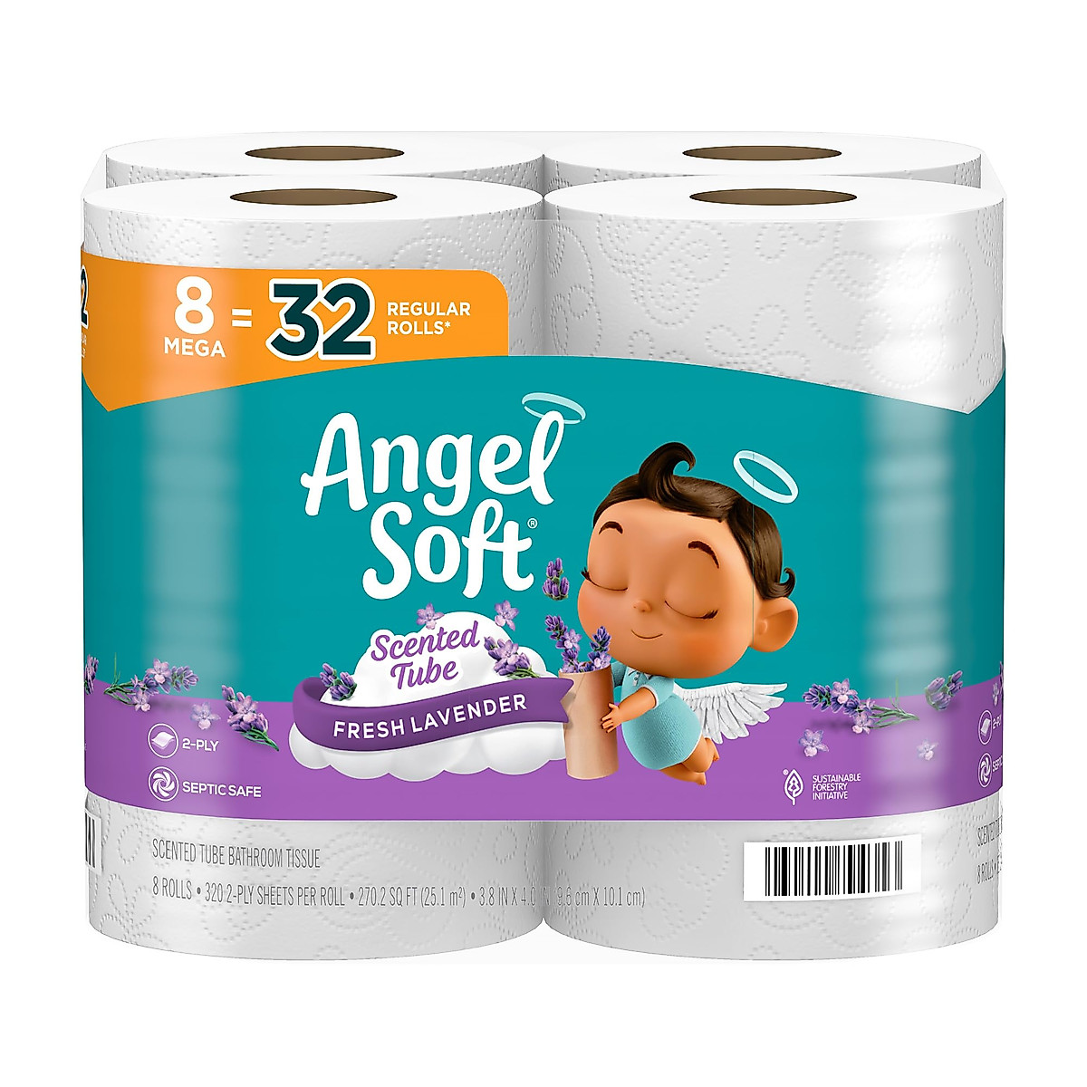 Angel Soft Toilet Paper with Fresh Lavender Scented Tube, 8 Mega Rolls = 32 Regular Rolls, Soft and Strong Toilet Tissue