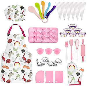 ANUXERA Kids Real Cooking and Baking Set,36Pcs Kids Chef Costume Hat and Apron Sets,Dinosaur Chef Costume for Girl, for 8-12 Year Old Girls.