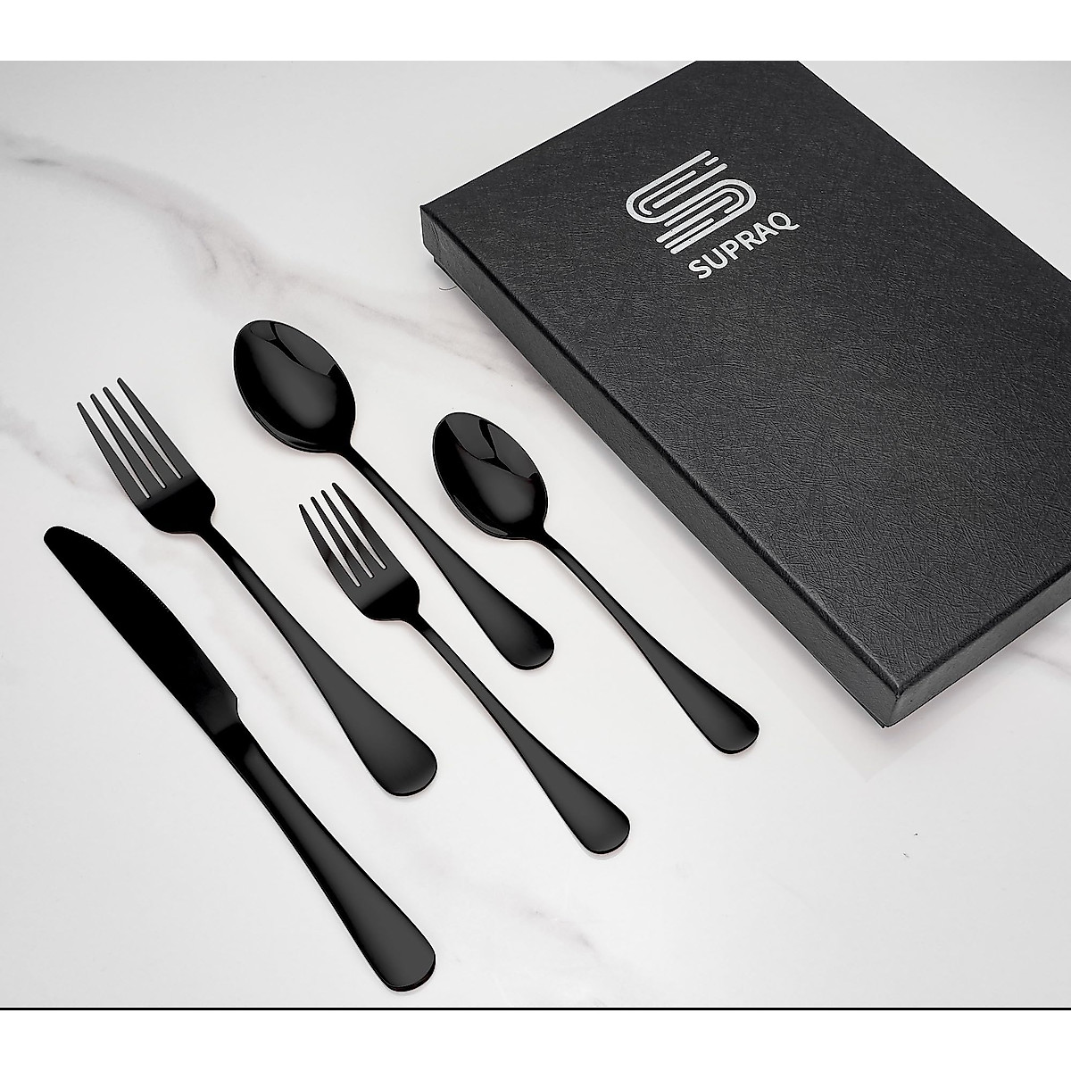 SUPRAQ Kitchen Utensil Stainless Steel Cutlery Set 5 Pieces - 2 Spoons, 2 Forks and 1 Knife (Black)