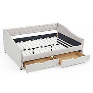 OMGO Upholstered Full Size Daybed with Two Storage Trundle Drawers, Solid Wooden Sofa Bed Frame w/Button Tufted Backrest, No Box Spring Needed, for Kids, Bedroom, Dorm