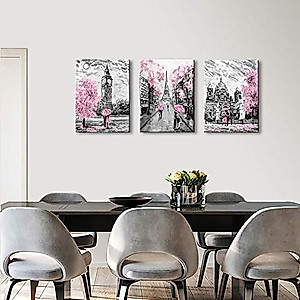 CANVASZON Black and White Canvas Wall Art for Living Room Bedroom Bathroom Girls Pink Paris Theme Room Decor Oil Painting Print London Big Ben Tower Eiffel Painting for Wall Decor Pink