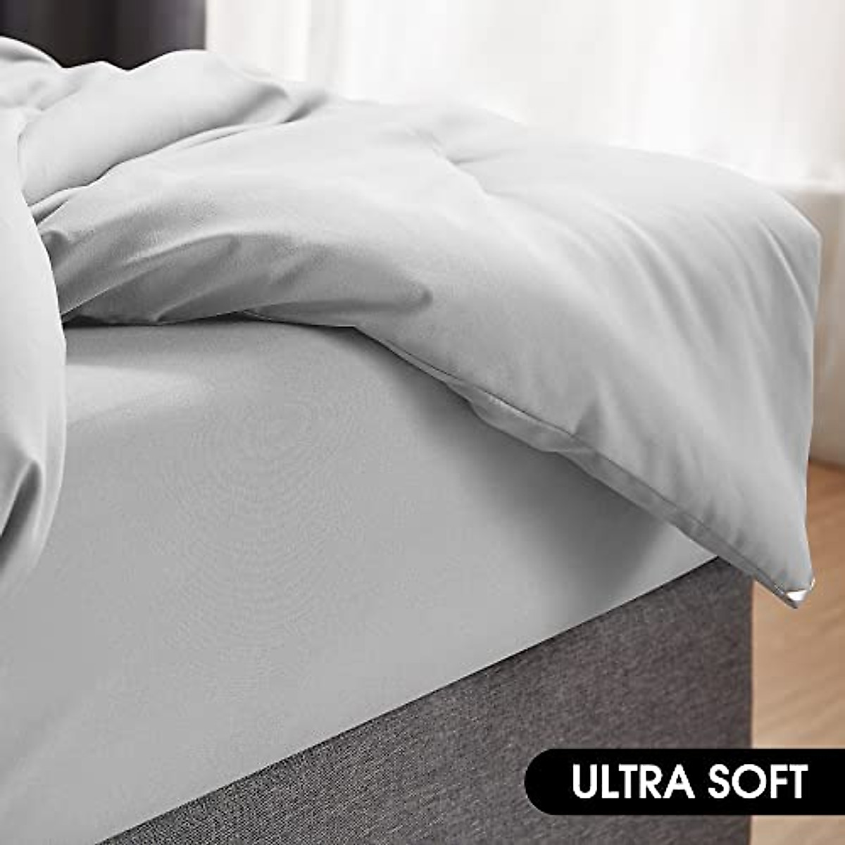 QSTEHEML Queen Comforter Set 7 Pieces, Solid Color Light Grey Queen Bedding Sets, Soft Queen Bed in a Bag with Comforter, Flat Sheet, Fitted Sheet, Pillow Shams and Pillowcases for All Season