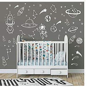 Wall Decor for Boys Room Art Outer Space Star Rockets Planets Stickers Removable Space Wall Decal for Children Bedroom Decoration (White)