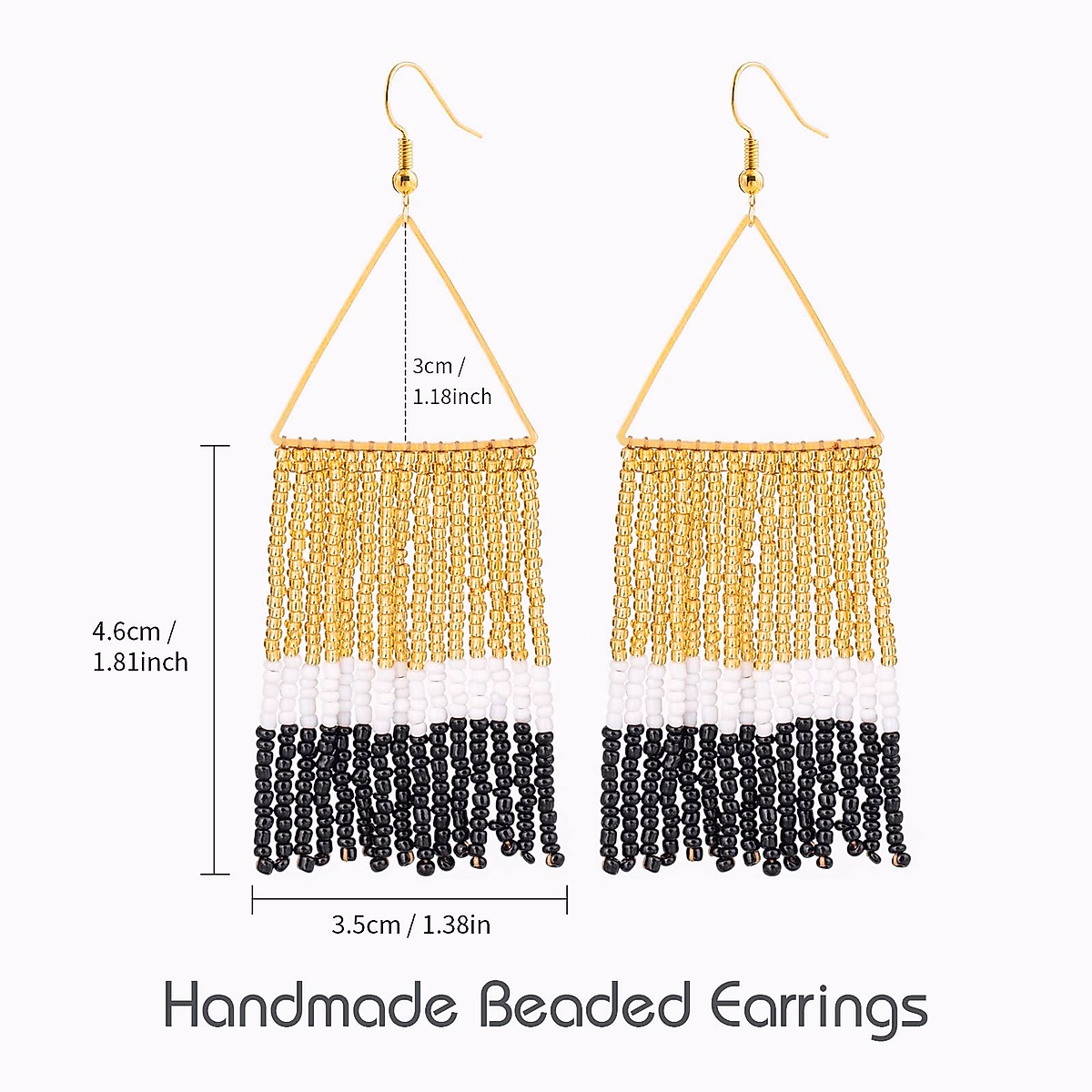Handmade Beaded Tassel Earrings - Statement Seed Bead Earrings, Boho Beaded Fringe Drop Earrings for Women (TRIANGLE GOLD BLACK)