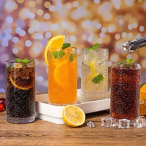 Vintage Glassware Highball Drinking Glasses - 13 Oz Cocktail Glasses Set of 6 Floral Glass Cups Embossed Cocktail Juice Water Coffee Cups - Lead-Free & Dishwasher Safe - Ideal Gifts