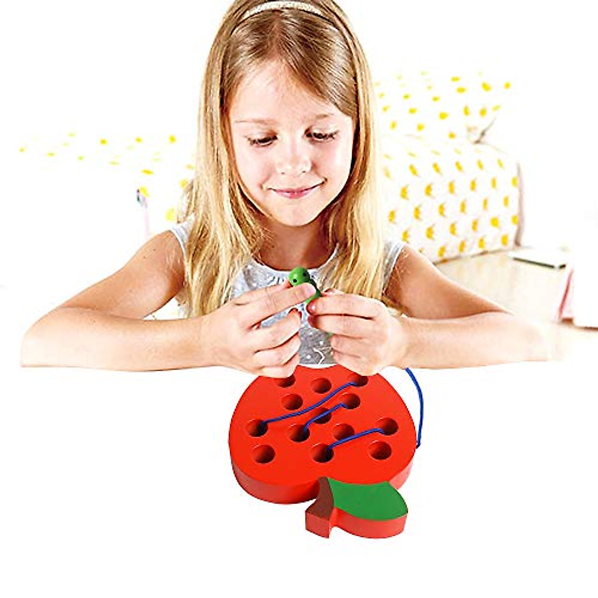 Lacing Toys for Toddlers - Wooden Lacing Apple Threading Toy, Shape Puzzle Fun Travel Game for Montessori Early Learning of Fine Motor Skills Lacing Toy, Educational Gift for Boys and Girls Ages 3-5