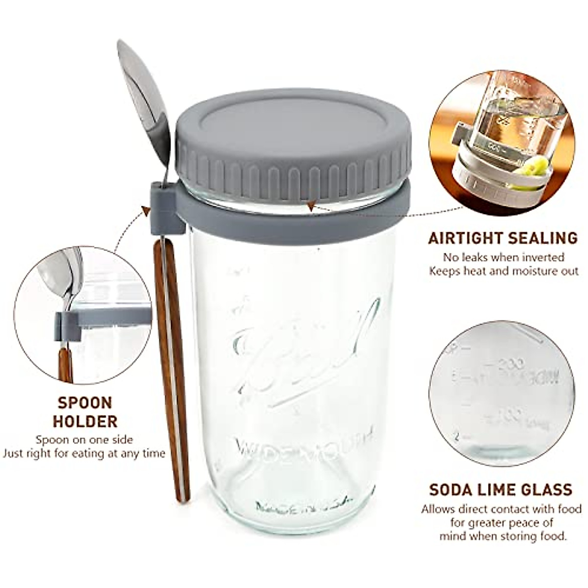 Overnight Oats Containers with Lids and Spoon 2Pack 20OZ Overnight Oat Jars with Measurement Marks Larger Glass Airtight Oatmeal Container Wide Mouth Mason Jars for Meal Prep Chia Yogurt Salad Cereal