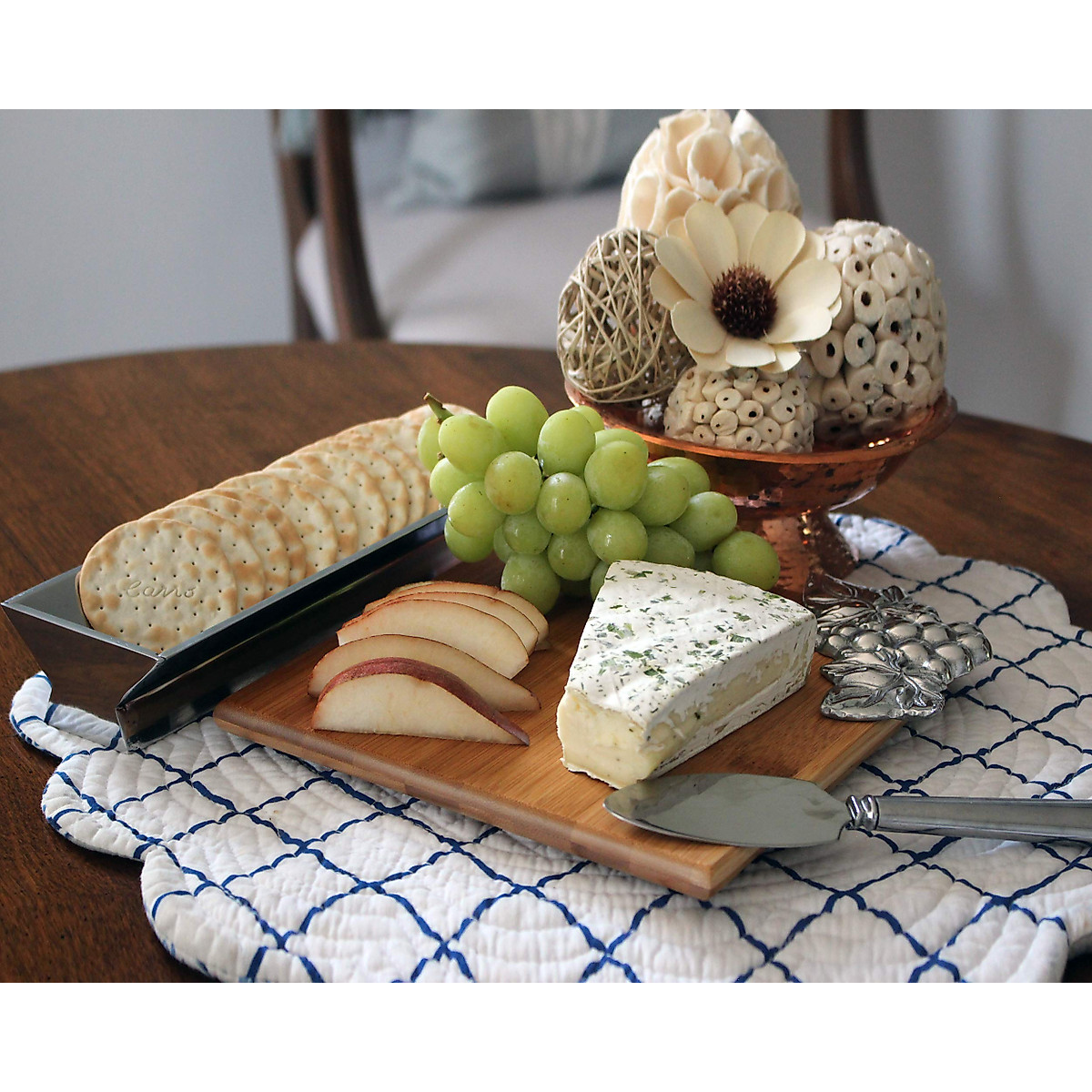 Arthur Court Designs Bamboo Cheese Board with Aluminum Grape Accent Cracker Tray and Spreader 8.5 inch x 8.5 inch board
