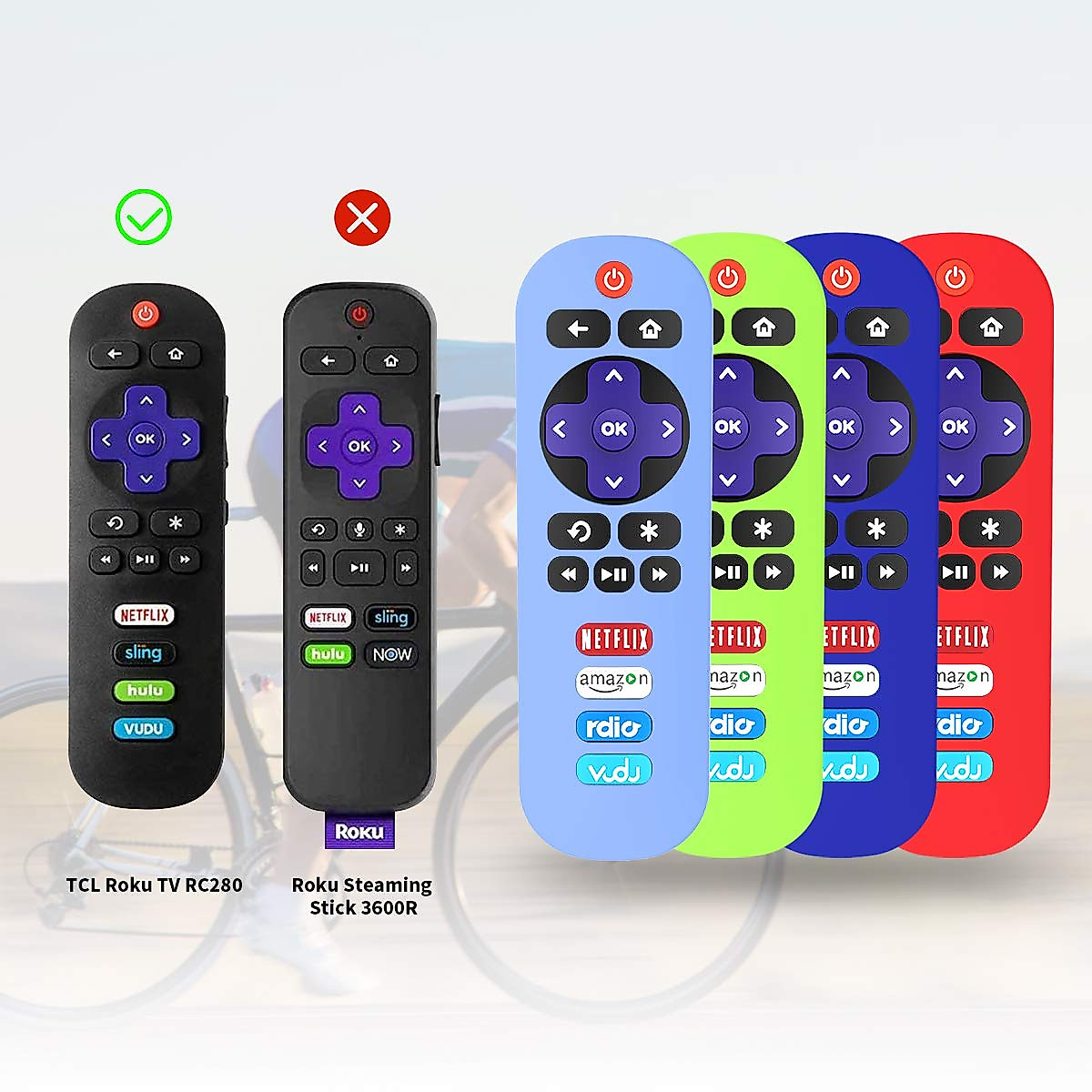 [4 Pack] Silicone Case for TCL Roku TV RC280 Remote, Protective Universal Replacement Lightweight/Shockproof TCL Roku TV Remote Cover with Lanyard (Glow Blue+Glow Green+Red+Blue)