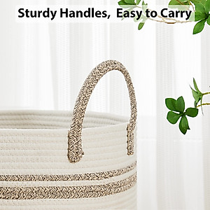 Fiona's magic Large Laundry Hamper, Tall Woven Storage Basket for Blankets, Cotton Baby Nursery Hamper, Toys and Dirty Clothes in Bedroom and Living Room Organizing - 58L Brown & White