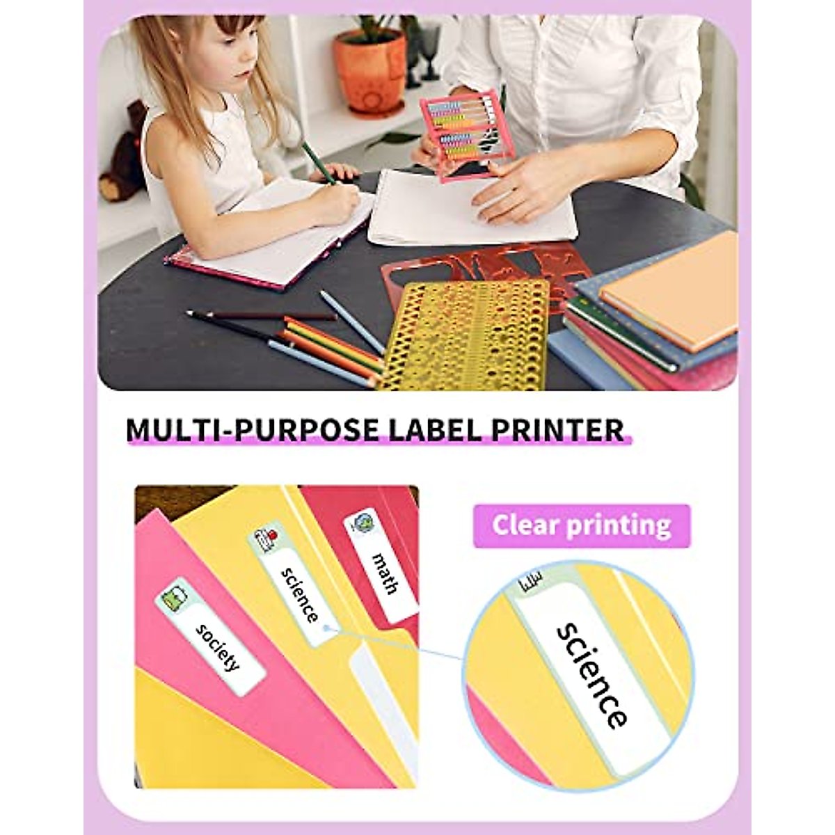 Phomemo D30 Label Maker Machine with 1 White Tape 0.47" and 3 Tape 0.47" Stationery Pattern, Portable Bluetooth Label Printer, Small Smart Phone Handheld Sticker Mini Labeler