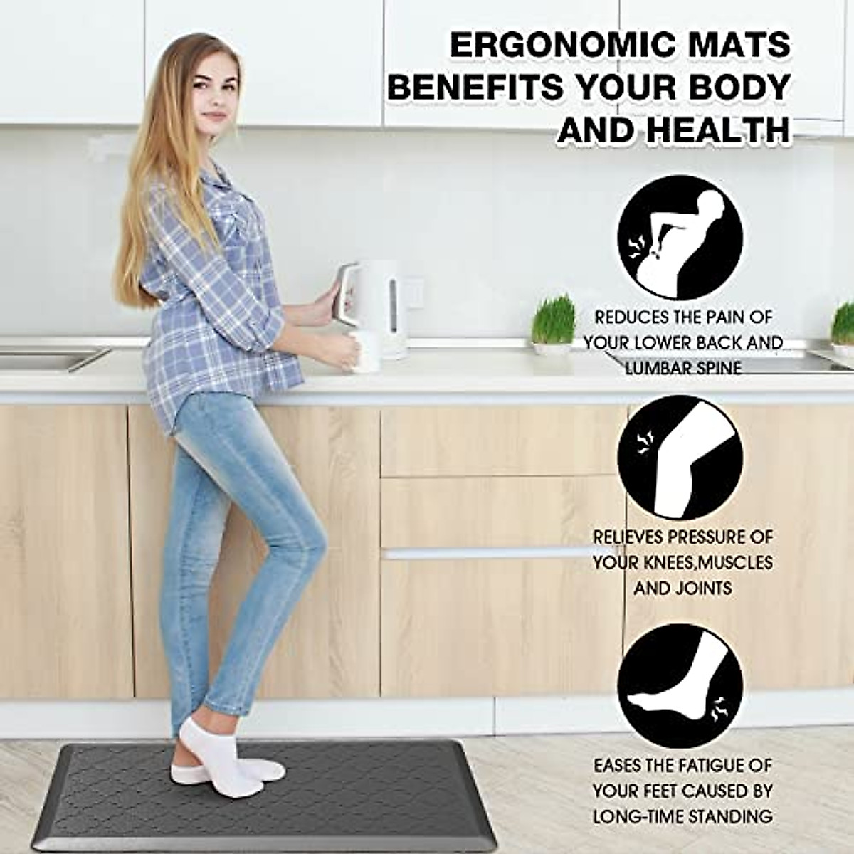 MAYHMYO Kitchen Mat Anti Fatigue Floor Mat 1/2 Inch Cushioned Mat Grey Kitchen Rug Non Slip Waterproof Memory Foam Ergonomic Comfort Rug Standing Desk Mat for Office Sink Laundry,17"X 29"