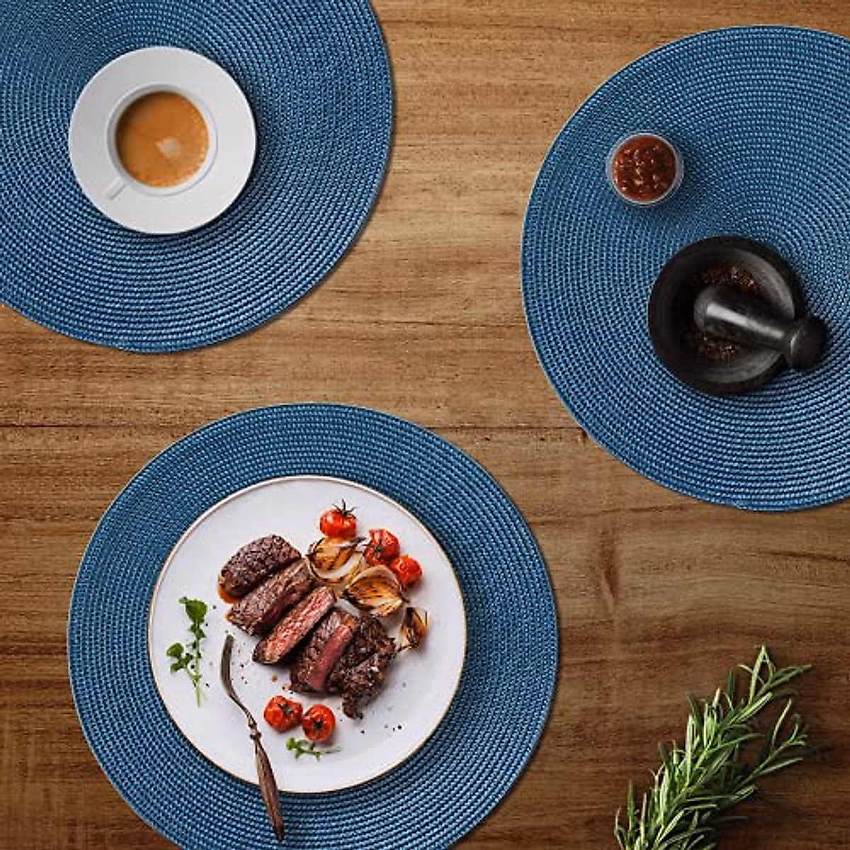 FunWheat Round Braided Placemats Set of 6 Table Mats for Dining Tables Woven Washable Non-Slip Place mats 15 inch (Blue, 6pcs)