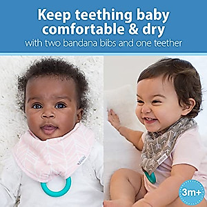 Dr. Brown's Super Soft & Absorbent Baby Bandana Bib with Snap-On Teether, 3m+, 2-Pack, Arrows & Herringbone