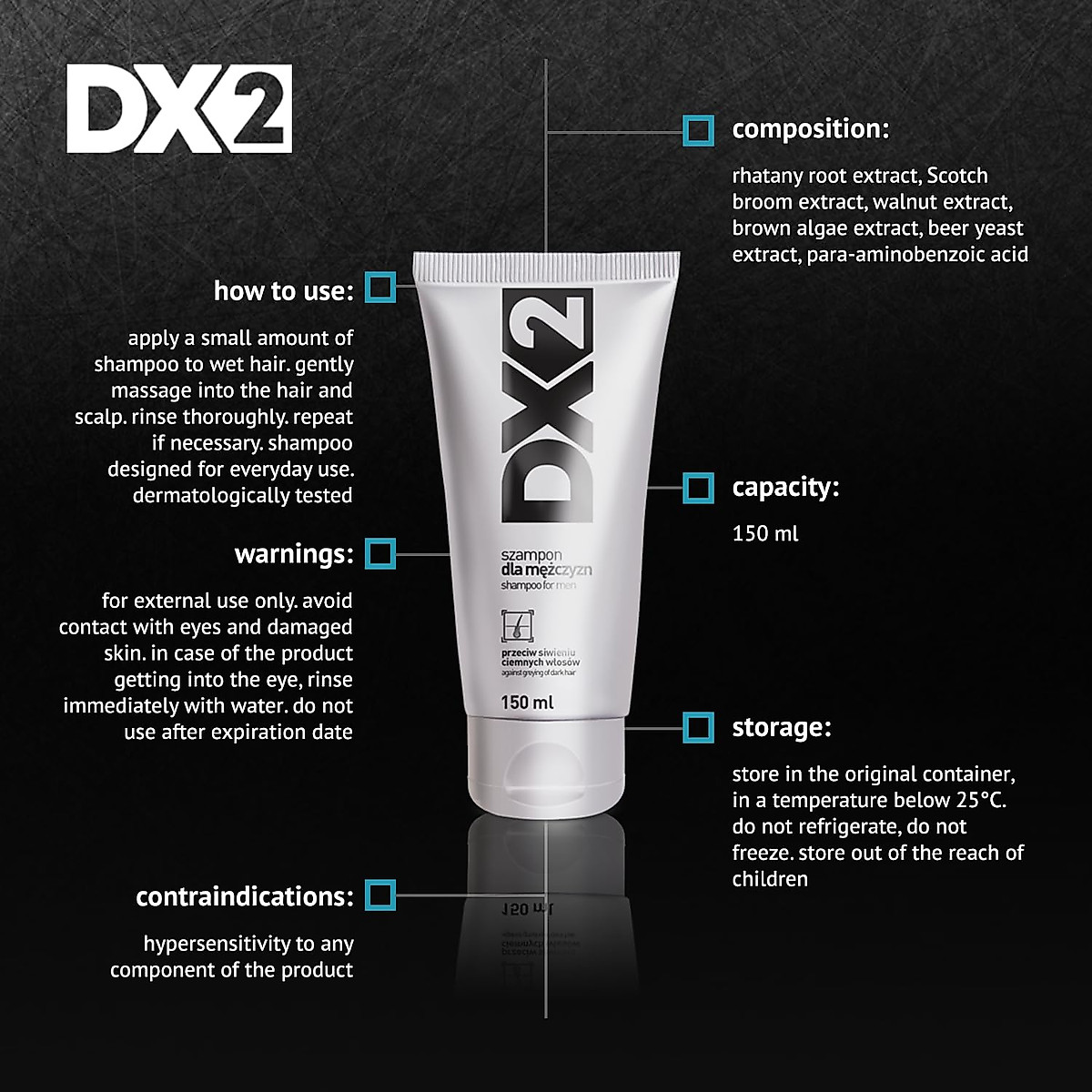 DX2 - Prevent Grey Hair Shampoo for Men - Gradual Dark Color Restoration, Daily Care to Protect Follicle Pigmentation - 150ml