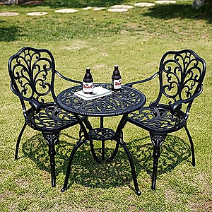 Withniture Bistro Set 3 Piece Outdoor, Round Bistro Table and Chairs Set of 2, Cast Aluminum Patio Bistro Sets with Umbrella Hole Outdoor Furniture for Garden, Porch, Black