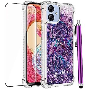 CAIYUNL for Samsung Galaxy A04E Phone Case with Screen Protector, Women Girls Glitter Bling Floating Liquid Cute Soft TPU Slim Silicone Shockproof Protective Cover for Samsung Galaxy A04E Case-Purple