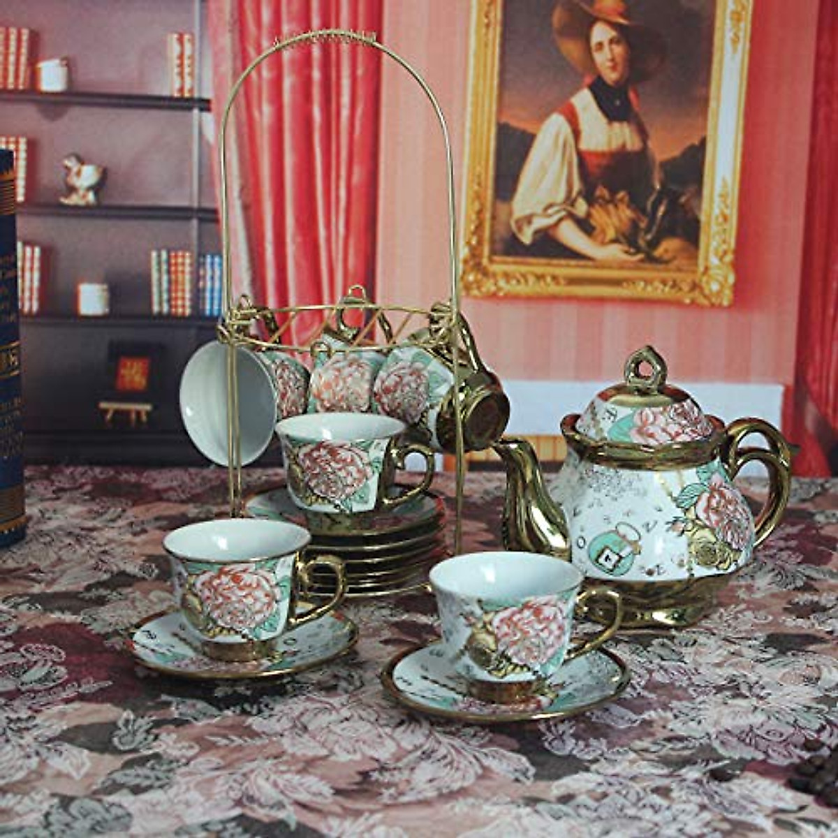 DaGiBayCn 20 Piece European Ceramic Tea Set Coffee set Porcelain Tea SetWith Metal Holder,flower tea set Red Rose Painting,160ML/Cup,460ML/Pot (Large version).