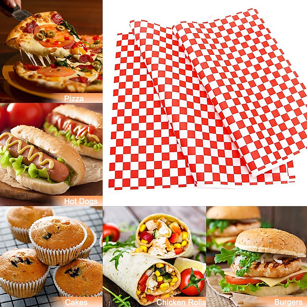 FHDUSRYO 100 Sheets Checkered Dry Waxed Deli Paper Sheets, Grease Resistant Checkered Basket Liner with 24 Popcorn Favor Boxes, Red and White Sandwich Paper Wraps for Party, Picnic (11x10.2inch)