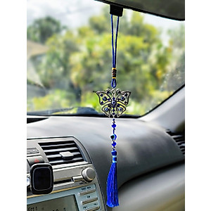 LUCKBOOSTIUM Center Evil Eye Butterfly Charms Pendant in Blue Crystal Stone w/Tassels for Good Luck & Protection Car Rear View Mirror Hanging Ornament Accessories Home Decor Charm