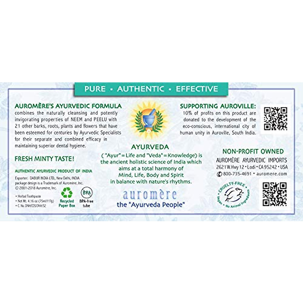 Auromere Ayurvedic Herbal Toothpaste, Fresh Mint - Vegan, Natural, Non GMO, Fluoride Free, Gluten Free, with Neem & Peelu (4.16 oz), 1 Pack