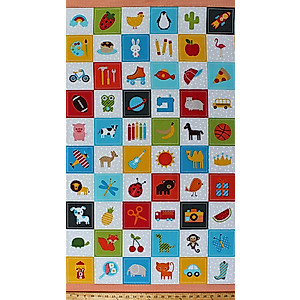 23.5" X 44" I-Spy Panel I Spy Patches Pictures Squares Kids Children's Fun Cotton Fabric Panel (D686.12)