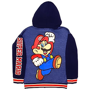 Nintendo Super Mario Graphic Boys Hooded Fleece Varsity Jacket for Kids and Toddlers (Size 14/16, Blue)