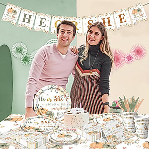 Fall Pumpkin Gender Reveal Tableware,He or She Pumpkin Floral Gender Reveal Party Decorations,What Will Our Little Pumpkin Be Disposable Tablecloth,Plates,Napkins for Autumn Baby Shower Supplies
