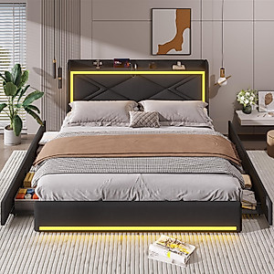 BTHFST King Bed Frame with LED Lights Headboard & USB-C/A Charging Station, Modern Upholstered King Size Platform Bed with Storage Drawers, No Box Spring Needed, Dark Gray