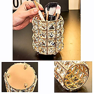 Luckymoo Crystal Beads Makeup Brush Holder Brush Pen Pencil Holder Pot Cup Pencil and Make Up Storage Cup, Round Luxurious Jewelry Rack (Golden)