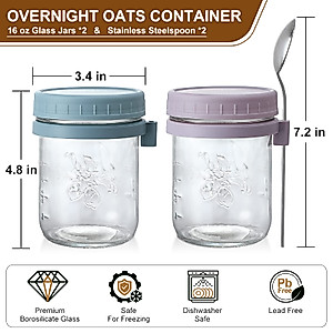 LANDNEOO 2 Pack Overnight Oats Containers with Lids and Spoons, 16 oz Glass Mason Jars for Overnight Oats, Large Capacity Airtight Jars for Milk, Cereal, Fruit (Blue+Purple)